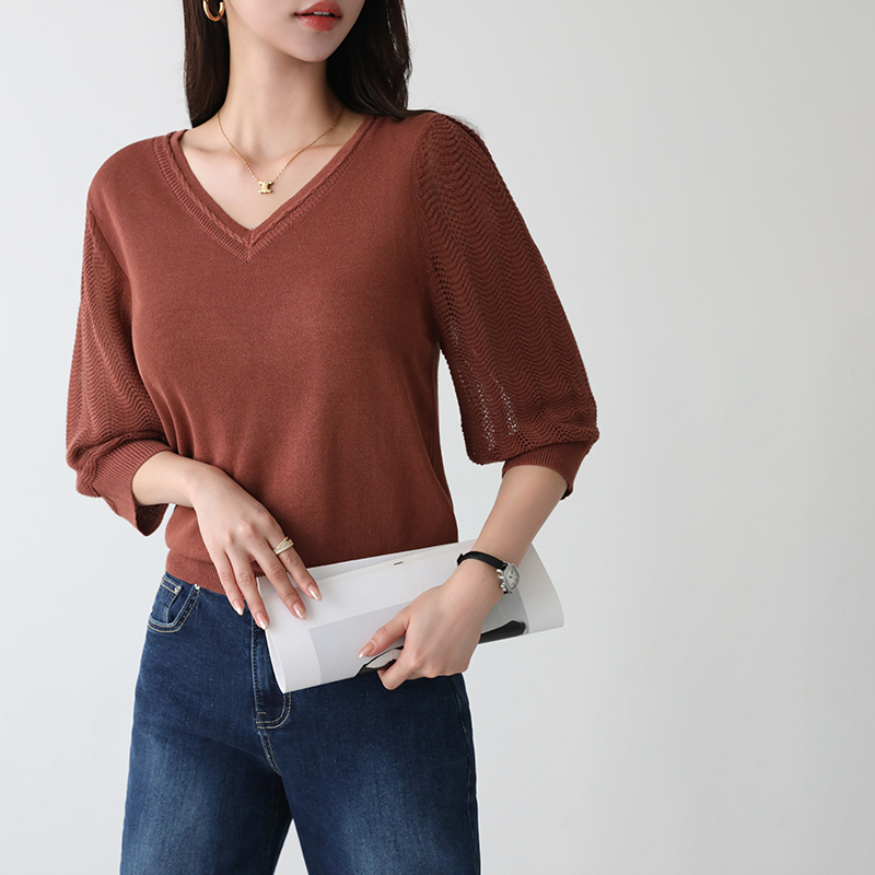 [브이넥 브라운 린넨 썸머 니트 #112358]